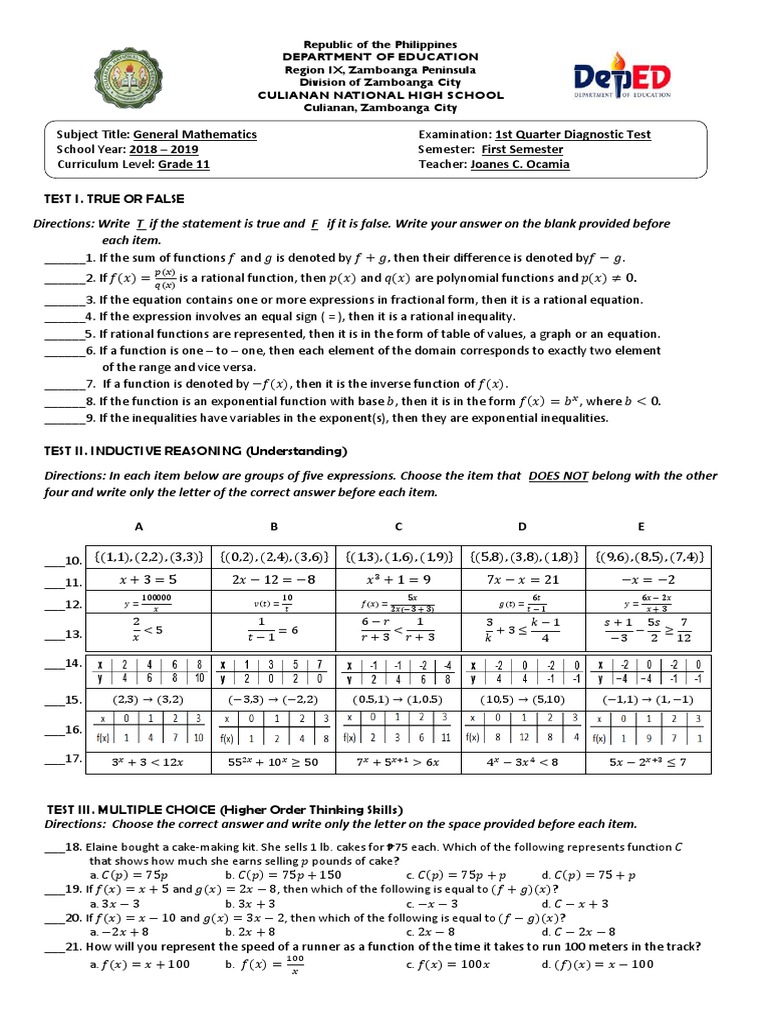 Gen Math 1st Diagnostic Test | PDF | Function (Mathematics ...