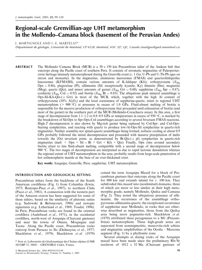 Regional-Scale Grenvillian-Age UHT Metamorphism in The Mollendo-Camana ...