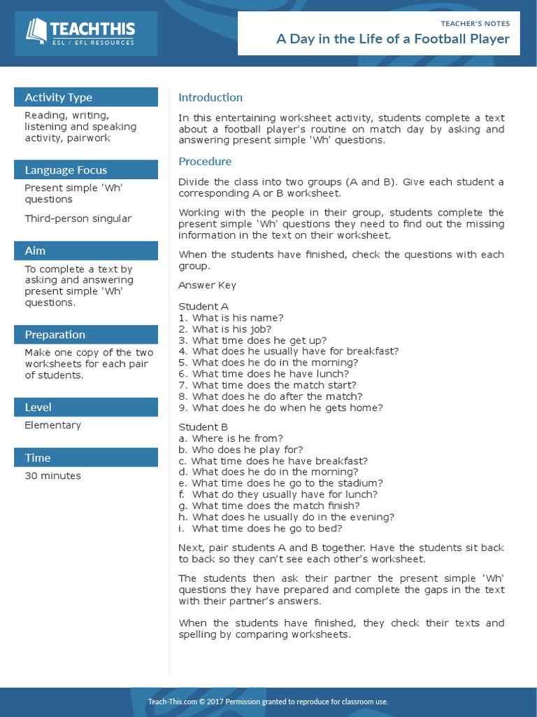 A Day in The Life of A Football Player | PDF | English As A Second Or ...