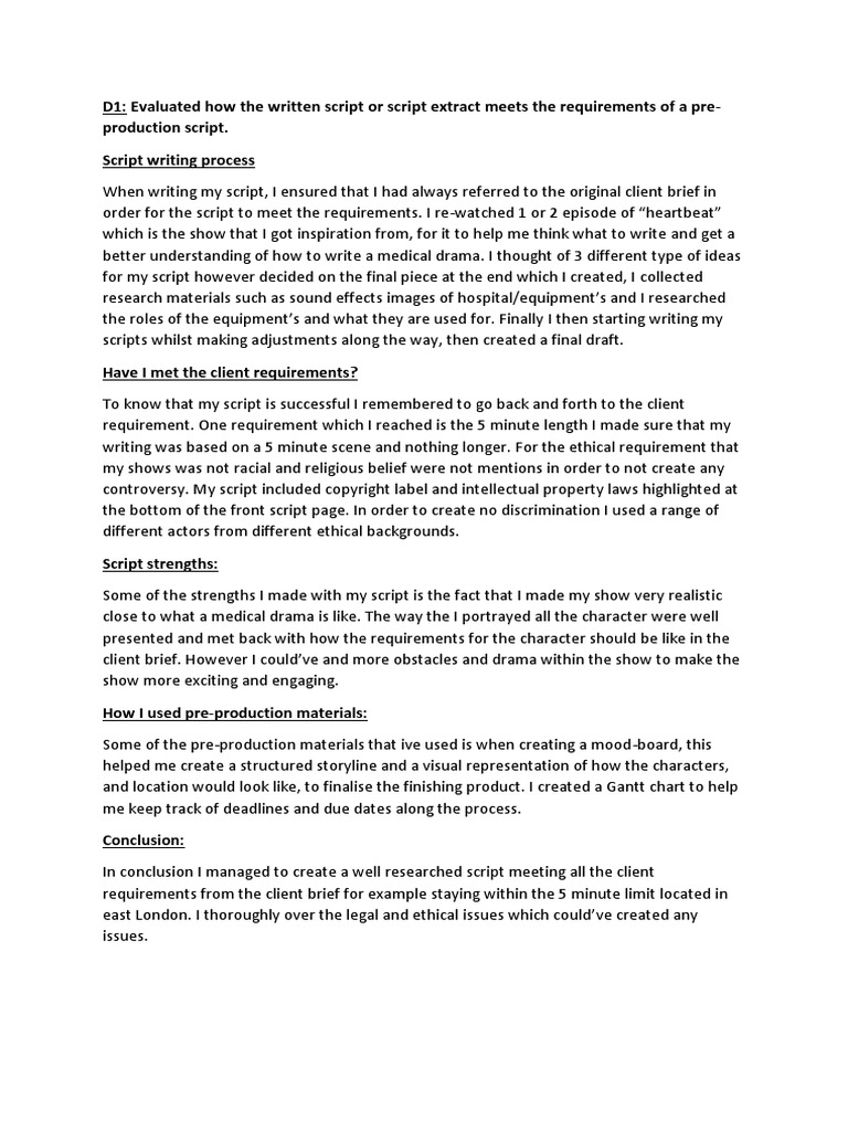 D1: Evaluated How The Written Script or Script Extract Meets The ...