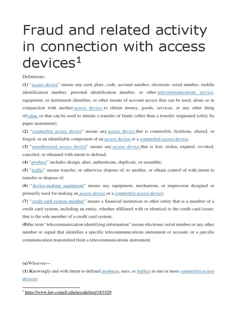 Fraud and Related Activity in Connection With Access Devices | PDF ...