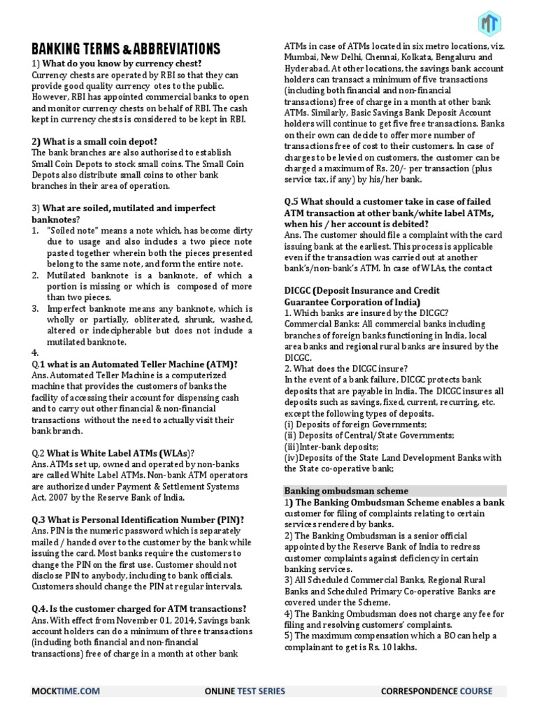 Banking Terms & Abbreviations: Test Series Course | PDF | Interbank ...