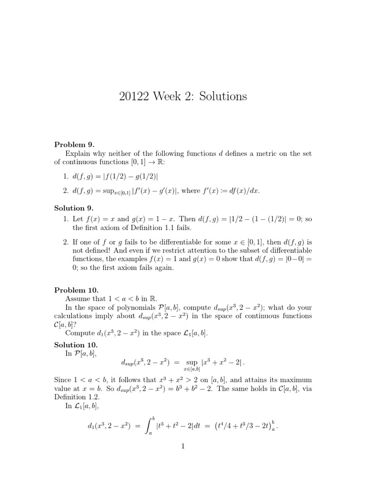 Analysis Of Metric Spaces Solutions To Problems Involving Metrics On Function Spaces Sequence