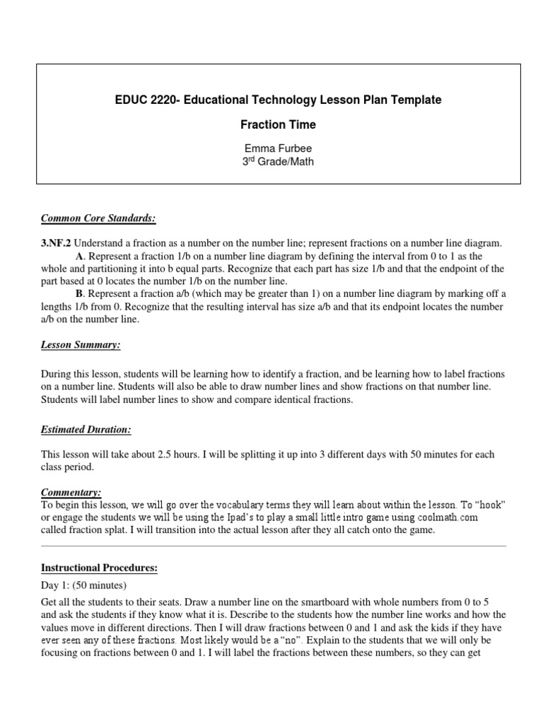 EDUC 2220-Educational Technology Lesson Plan Template Fraction Time ...