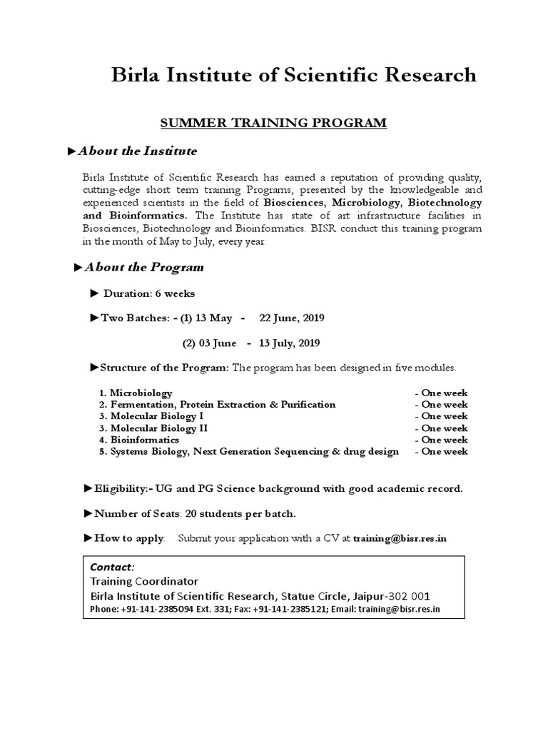 Summer Training Brochure | PDF | Bioinformatics | Biotechnology