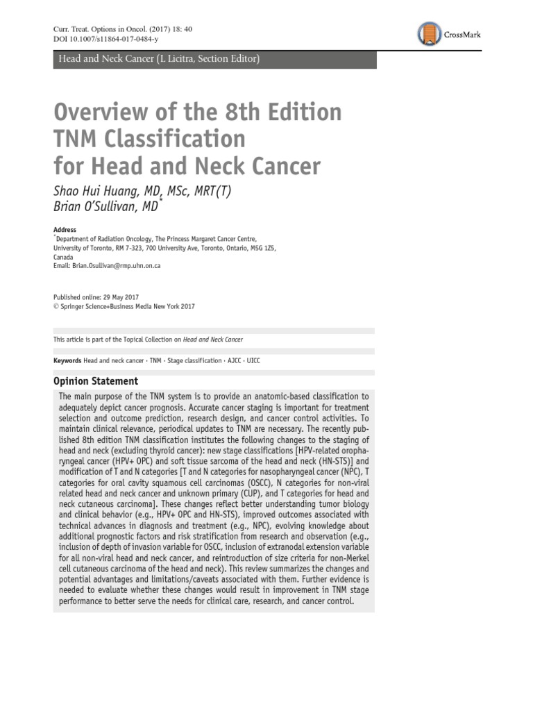 Overview of The 8th Edition TNM Classification For Head and Neck Cancer ...