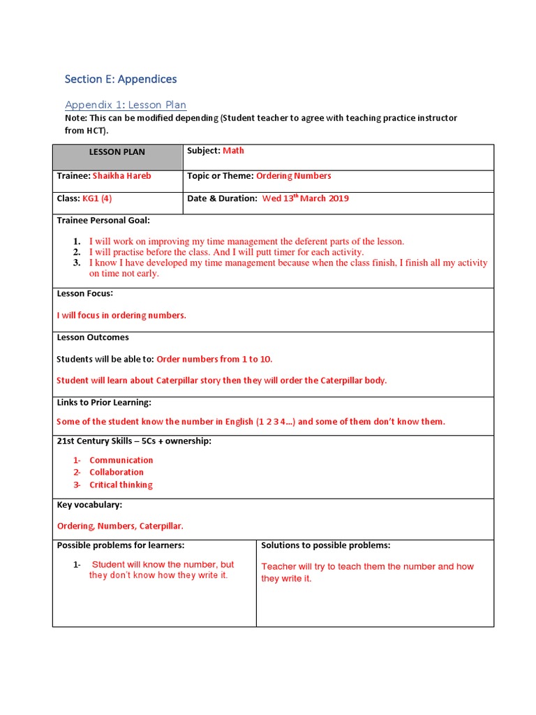 Section E: Appendices Appendix 1: Lesson Plan: From HCT) | PDF | Lesson ...