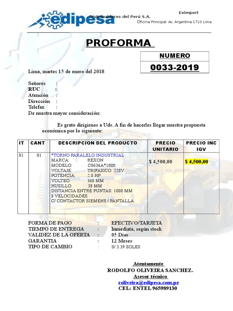 Proforma Formal 0033-19 - Torno c0636.1000 3fpantalla Digital ...