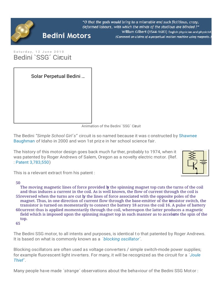 Bedini Motors Bedini 'SSG Circuit | PDF | Inductor | Electric Motor