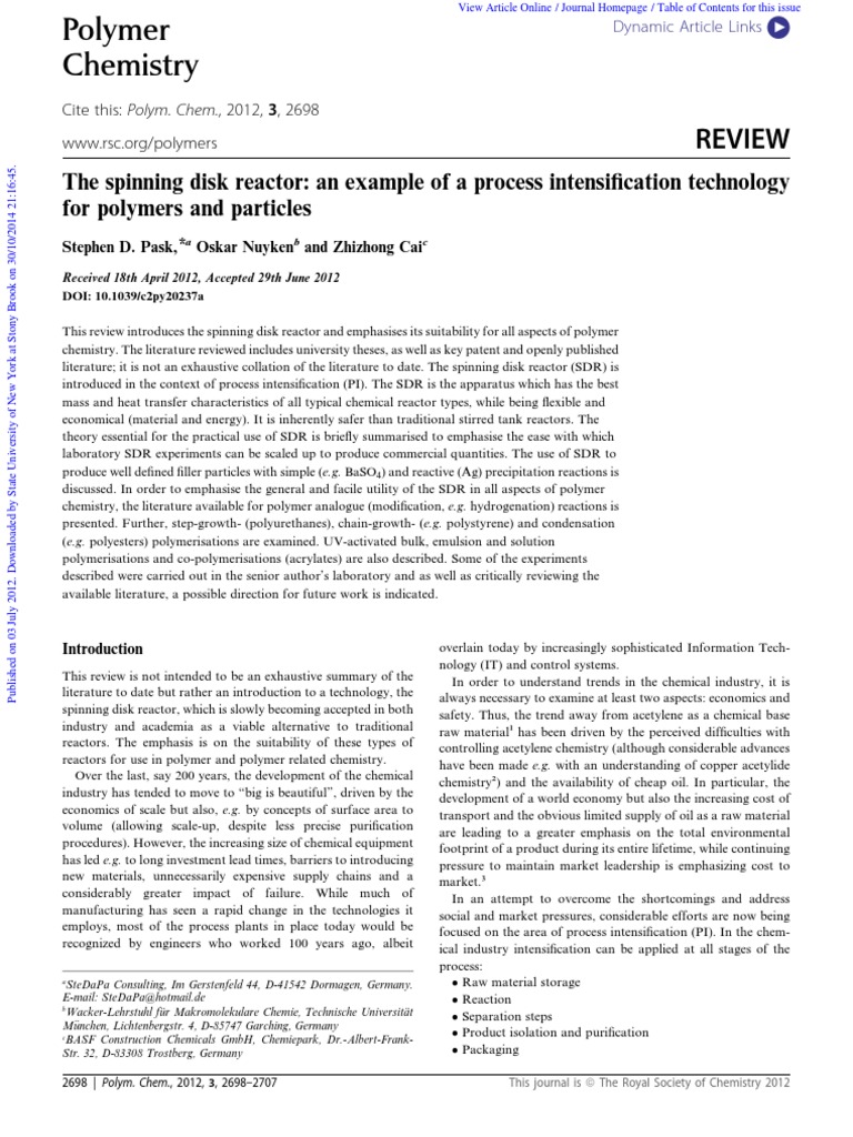The Spinning Disk Reactor - An Example of A Process Intensification ...