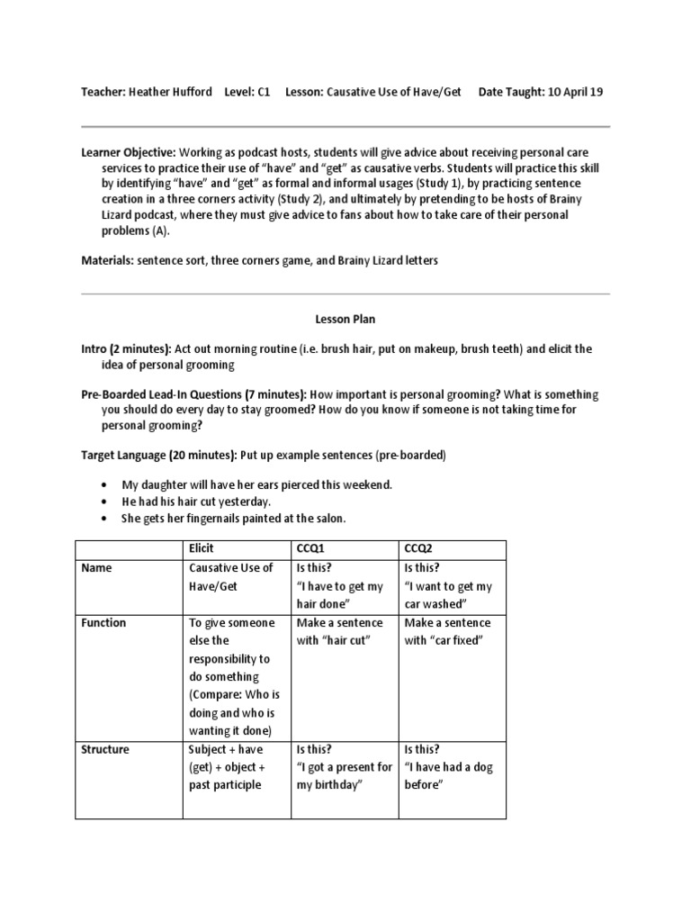 Causative Verbs in Personal Care Lessons | PDF | Lesson Plan