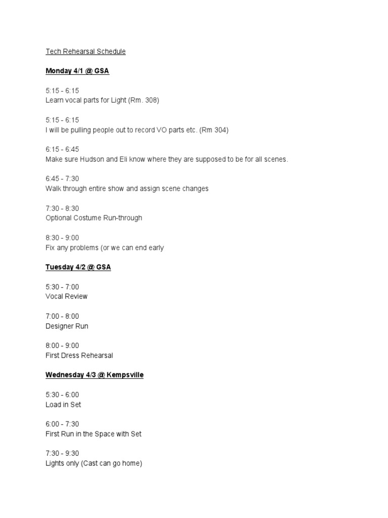 Tech Rehearsal Schedule 1 | PDF