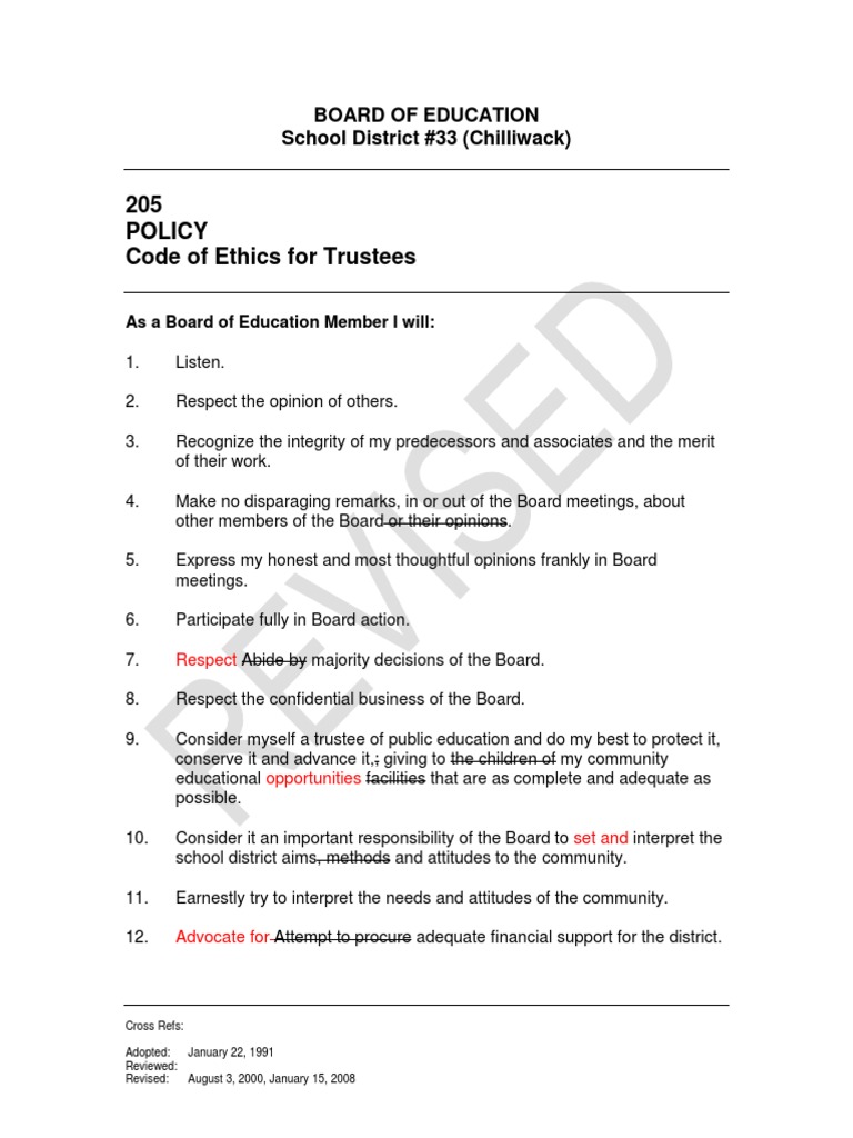 205 Policy Code of Ethics For Trustees: Board of Education School ...