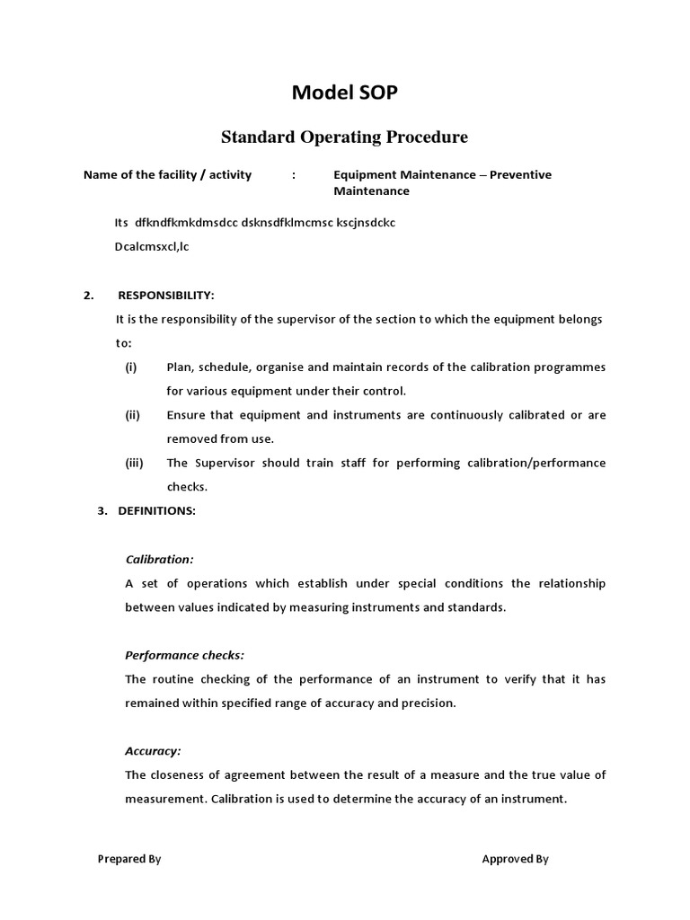 Model SOP: Standard Operating Procedure | PDF | Calibration | Accuracy ...