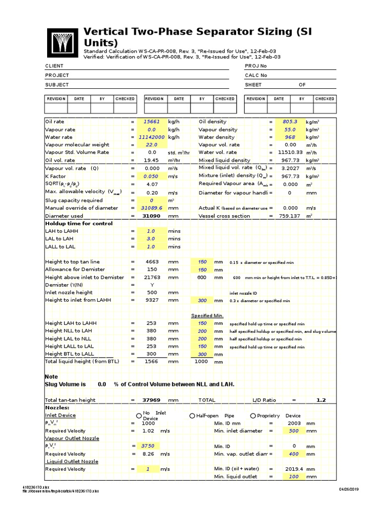 Vertical Two-Phase Separator Sizing (SI Units): Client Proj No Project ...