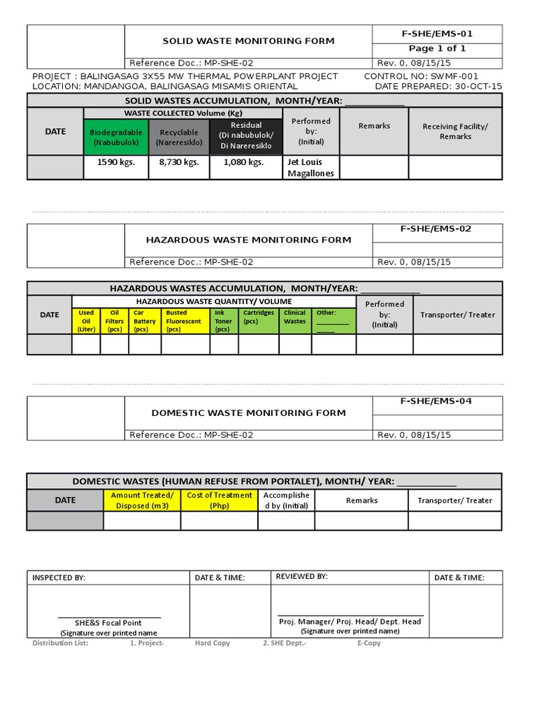 F-SHE - EMS-01!02!04 Solid Haz Domestic Waste Monitoring Form | PDF ...