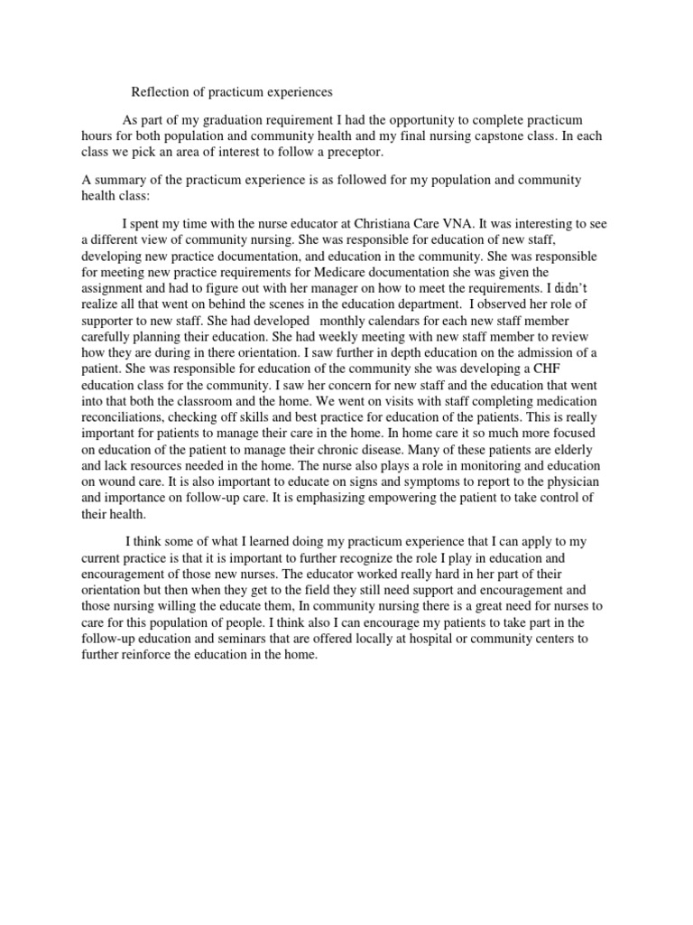reflection of practicum experiences | Nursing | Patient