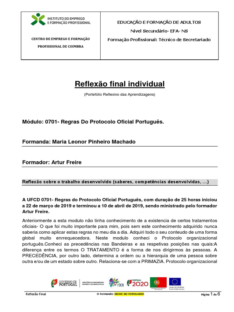 Reflexão Individual Final 0701 | PDF | Desenvolvimento profissional | Portugal