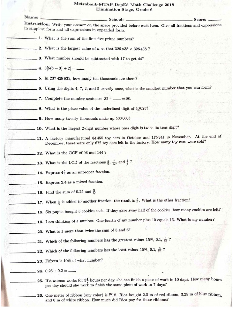 2018 Mtap Elimination Round Grade 6 Questions With Answer Key PDF | PDF