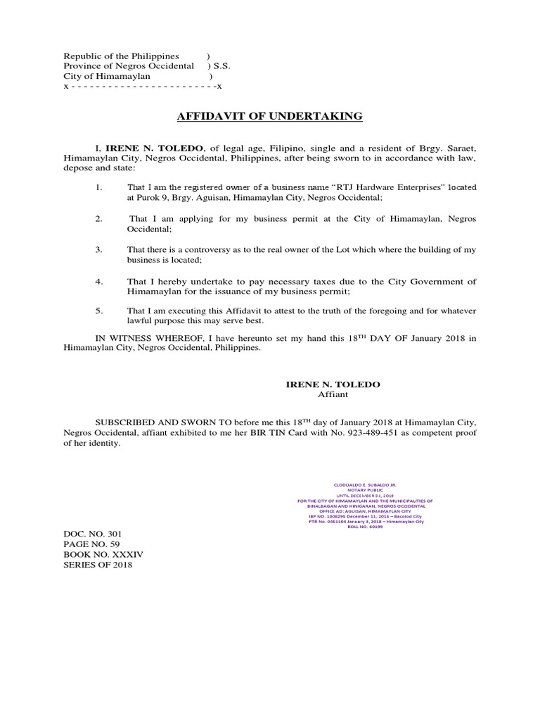 Undertaking Business Permit-Toledo | PDF | Affidavit | Legal Documents