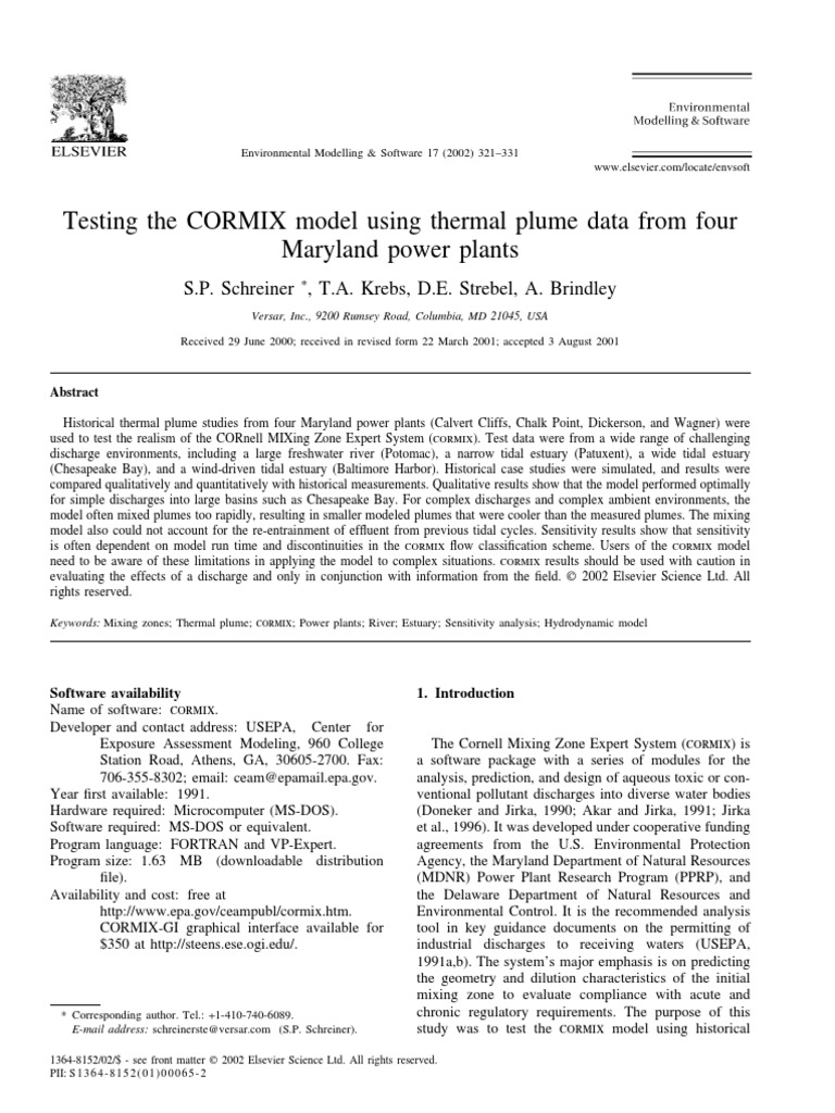 Testing The CORMIX Model Using Thermal Plume Data From Four Maryland ...