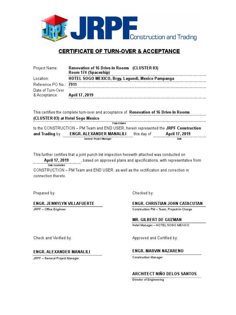Certificate of Turn-Over & Acceptance | PDF