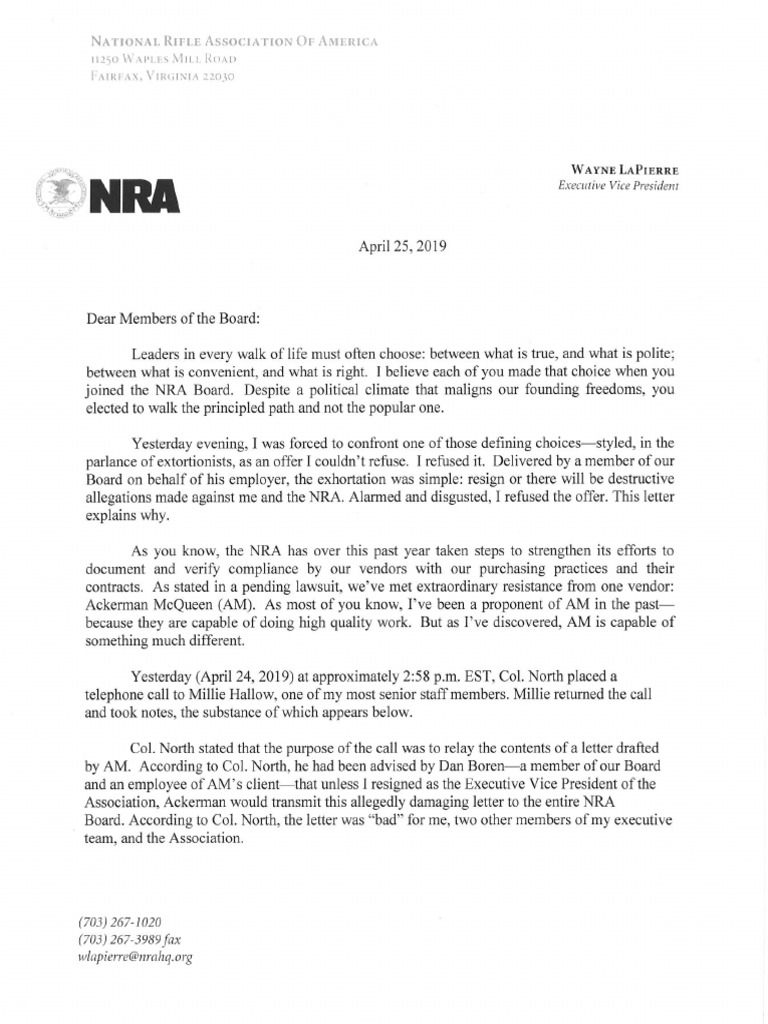 Wayne LaPierre's So Called Extortion Letter NRAAM 2019 | PDF