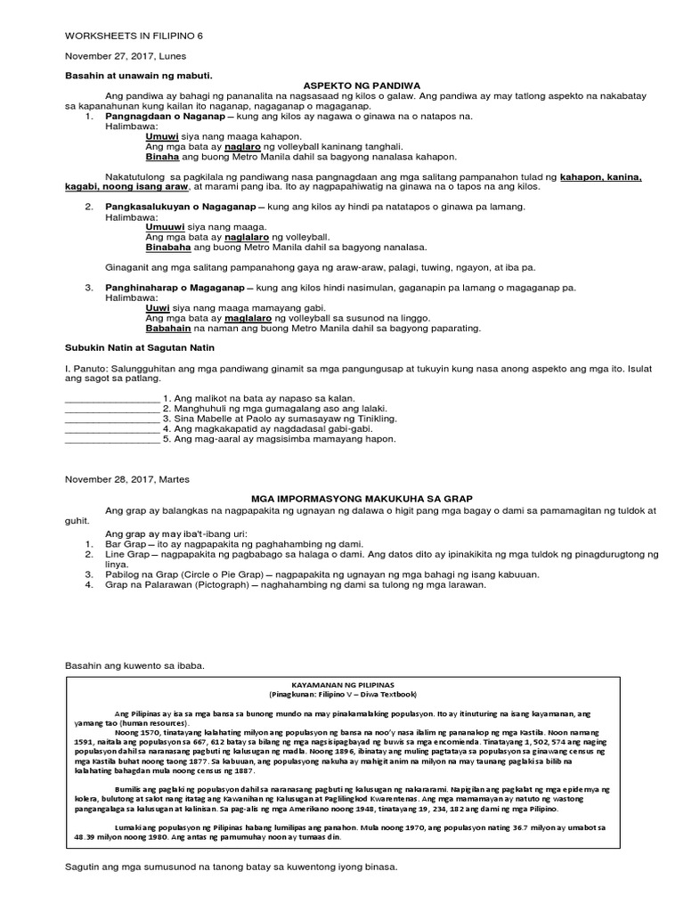 Worksheets in Filipino 6 | PDF