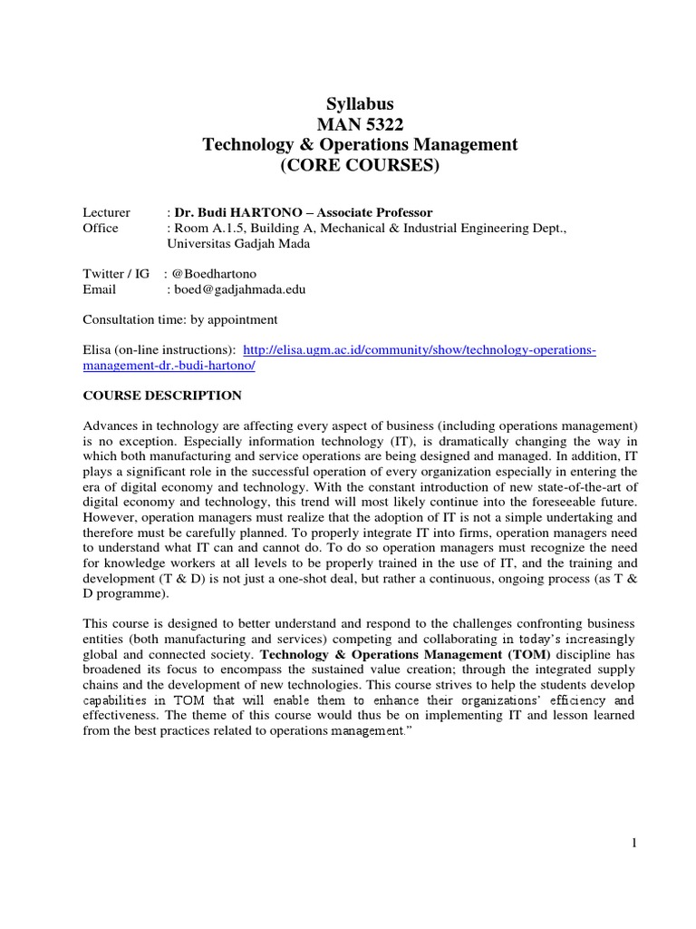 TOM Syllabus Explains Tech & Ops Management | PDF | Operations Management | Lecture