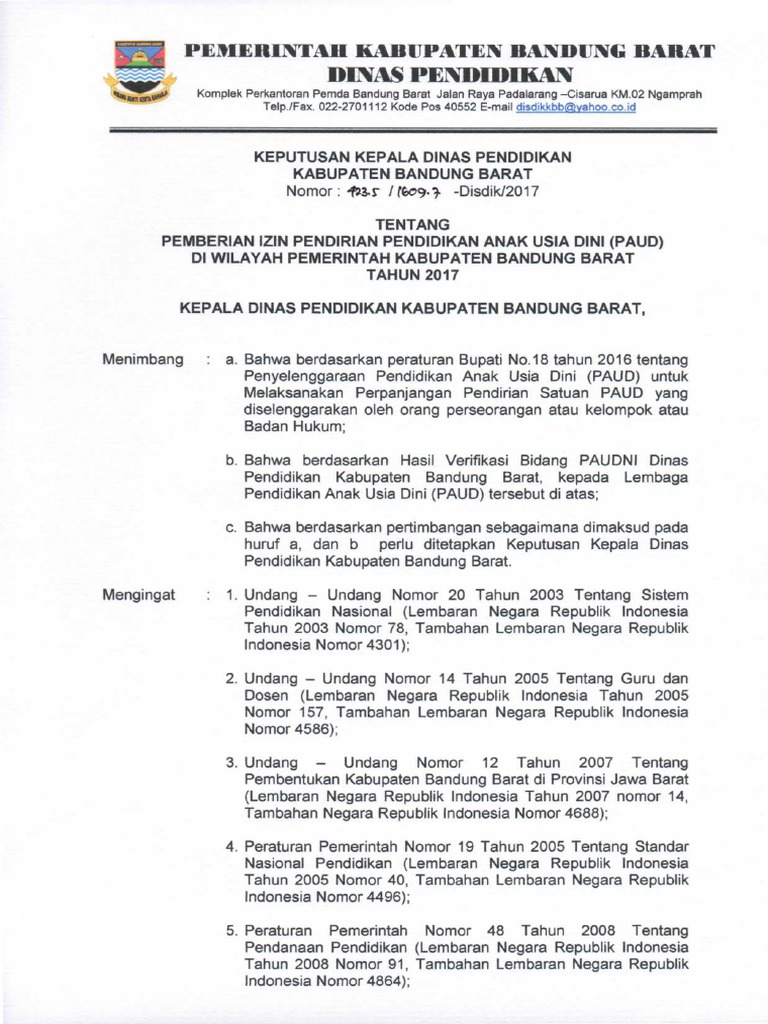 Contoh Ijin Pendirian Paud | PDF