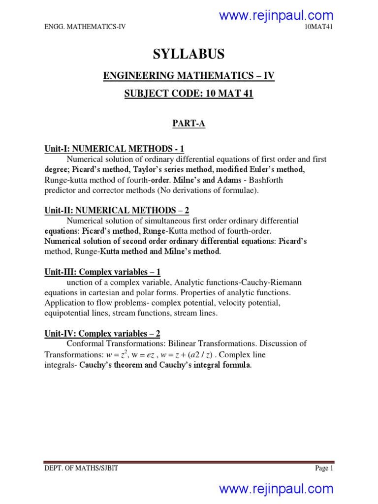 Engineering Mathematics IV Syllabus | PDF | Differential Equations ...