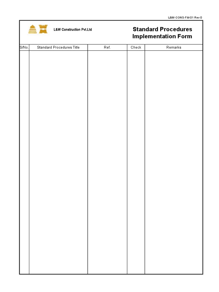 Standard Procedures Implementation Form: L&W Construction PVT - LTD | PDF