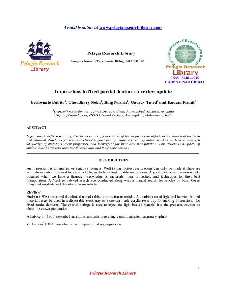 Impressions in Fixed Partial Denture A Review Update | PDF | Dentistry ...