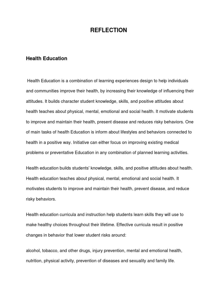 Reflection: Health Education | PDF | Health Education | Preventive ...