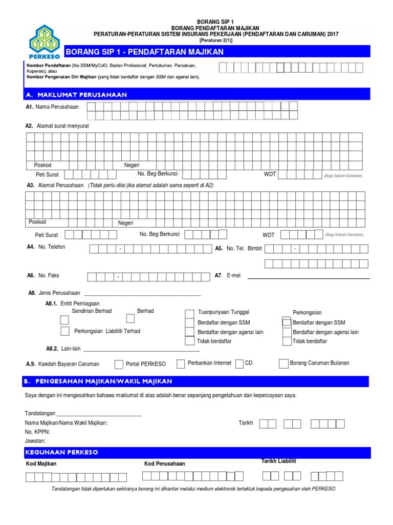 Pendaftaran Majikan PERKESO dan Borang SIP | PDF