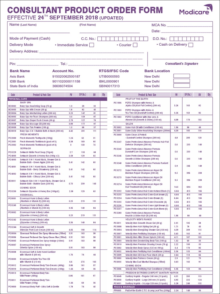 Modicare Consultant Order Form 2024 | PDF | Shampoo | Nature