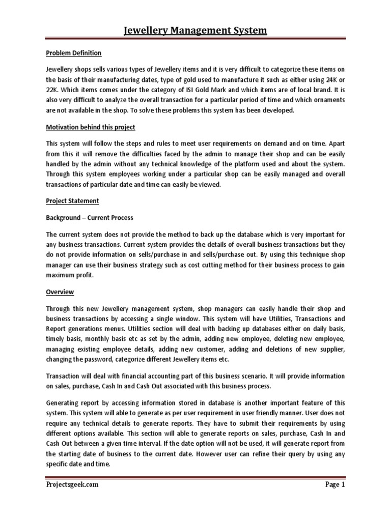 Jewellary Management System | PDF | Retail | Microsoft Sql Server