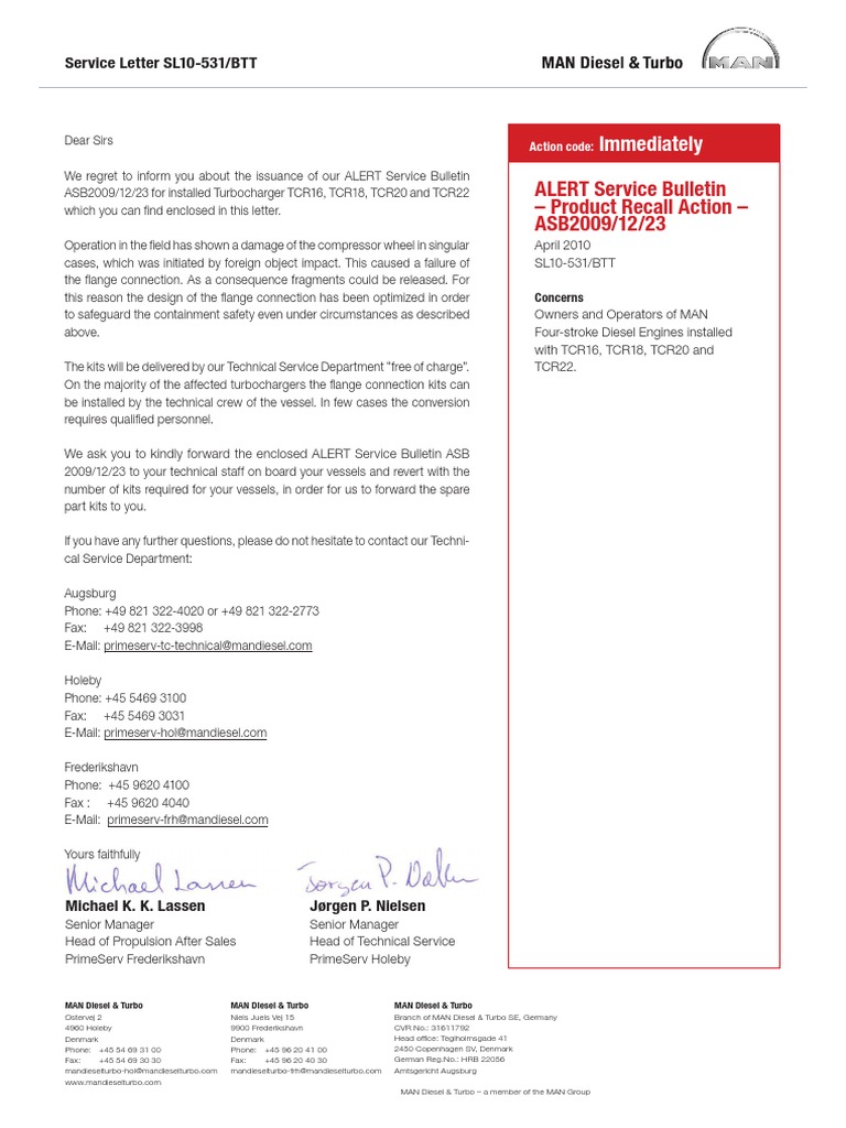 ALERT Service Bulletin - Product Recall Action - ASB2009/12/23 | PDF ...