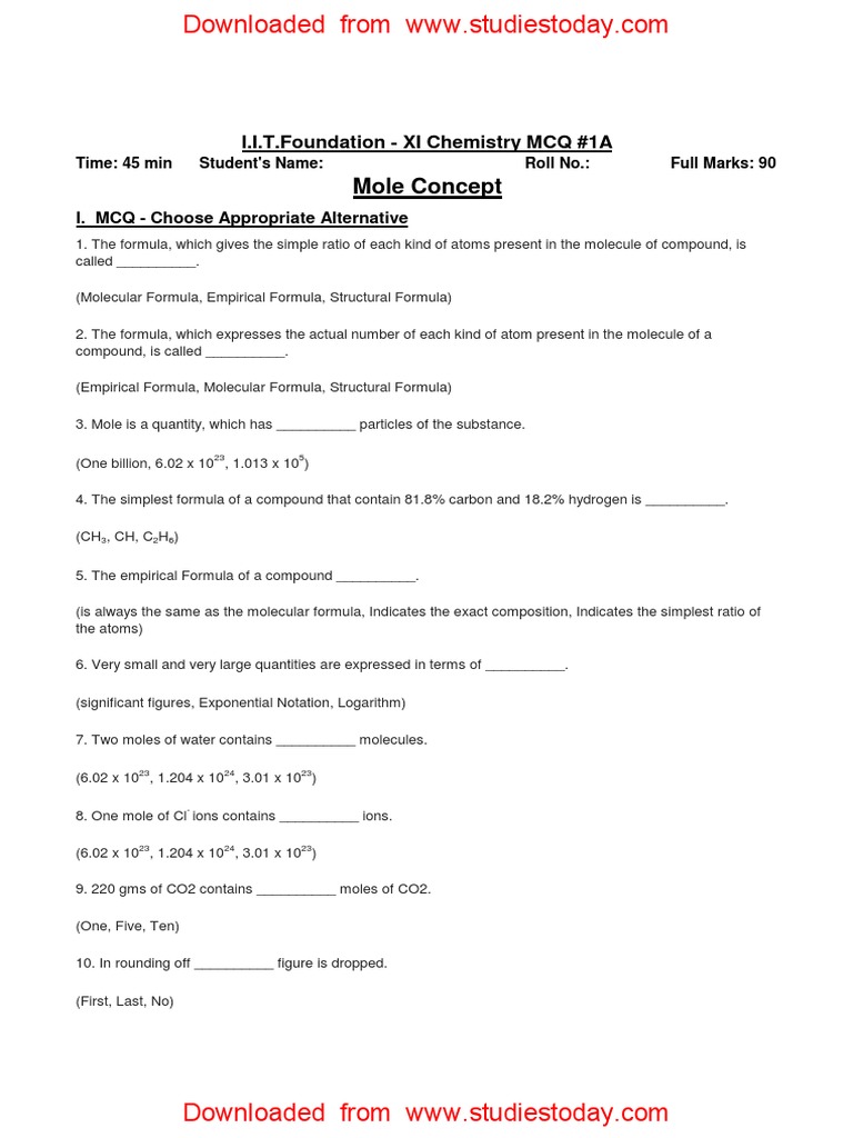CBSE Class 11 Chemistry MCQs - Mole Concept | PDF | Molecules | Mole (Unit)