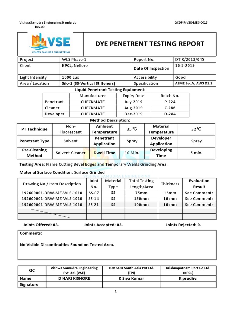 Dye Penetrent Testing Report: Silo-1 (SS-Vertical Stiffeners) | PDF ...