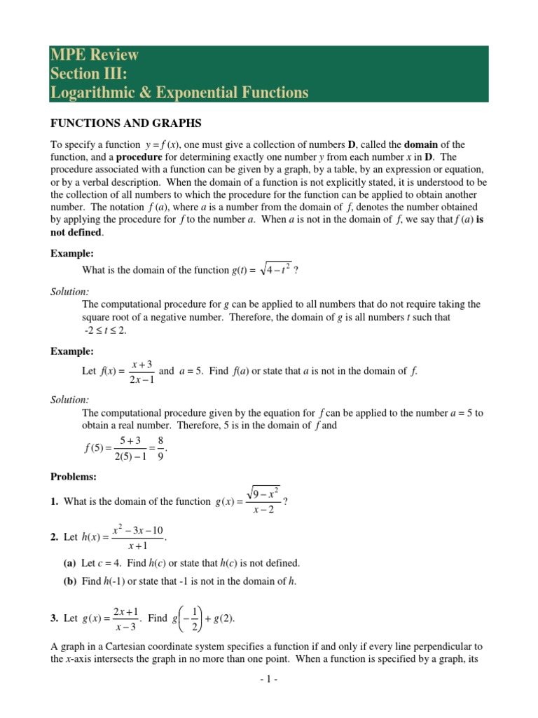 Logarithmic And Exponential Functions Domains Ranges Graphs And Operations Pdf Logarithm