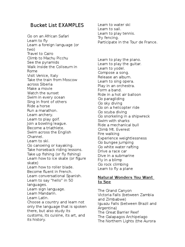 Bucket List Examples Packet | PDF | Leisure