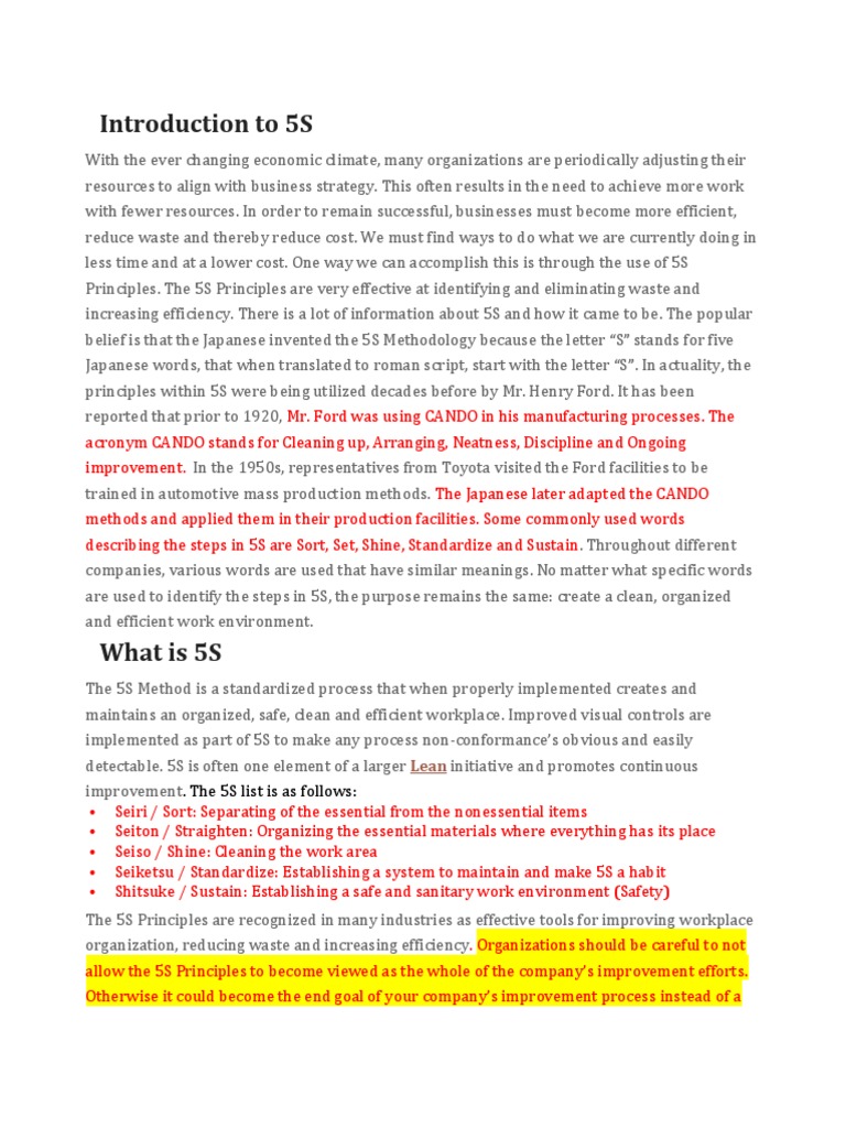 Introduction To 5S: - The 5S List Is As Follows | PDF | Business