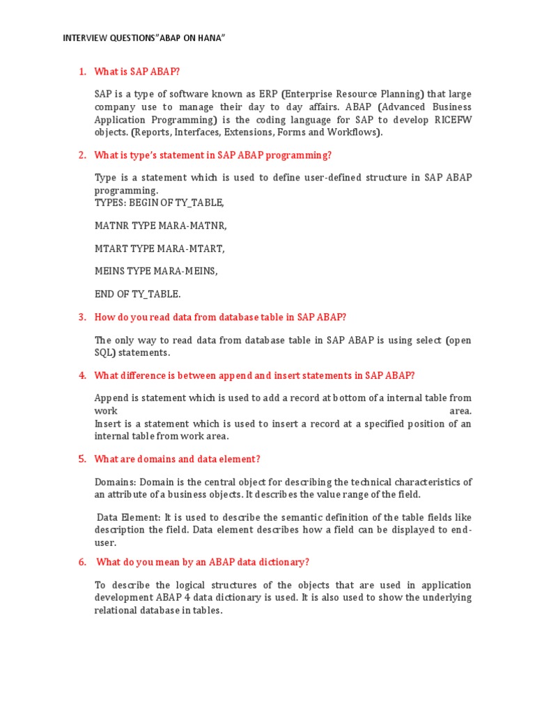 Interview Questions For Abap On Hana Pdf Parameter Computer Programming Databases