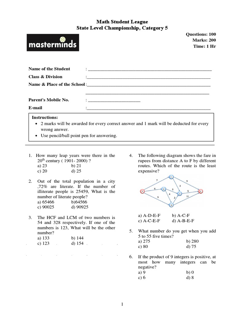 Math Student League State Level Championship, Category 5: Questions ...