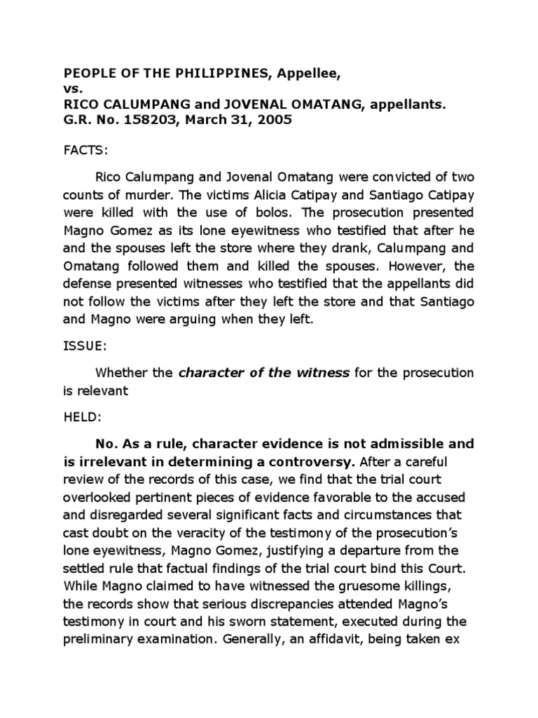 CHARACTER EVIDENCE PEOPLE OF THE PHILIPPINES v. Calumpang | PDF ...