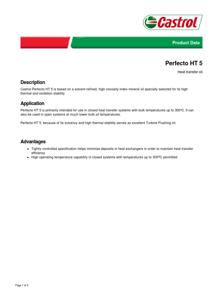 Castrol Perfecto HT 5 Heat Transfer Oil | PDF | Viscosity | Distillation