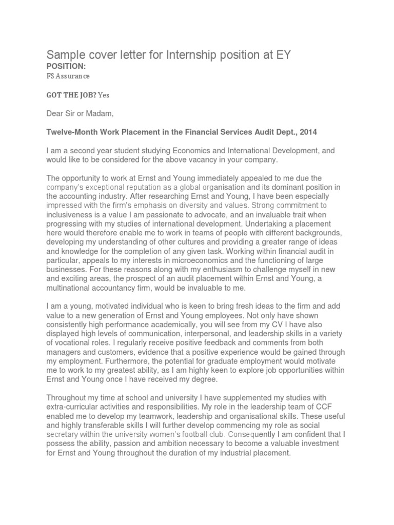 Internship Cover Letter for EY | PDF | International Development ...