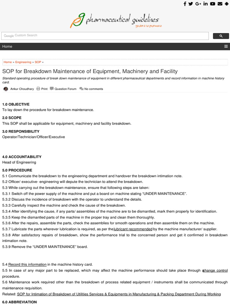 Sop for Procedure for Breakdown | Pharmaceutical Industry | Machines ...