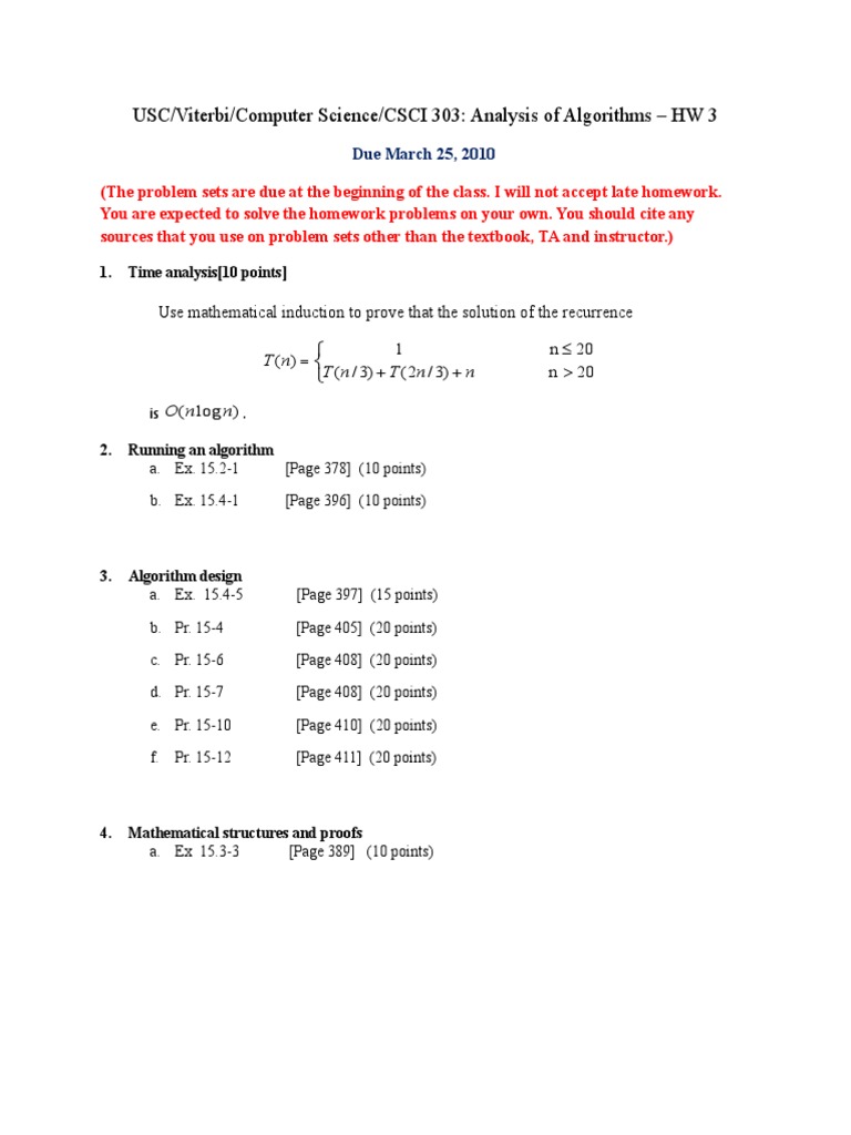 Usc Viterbi Computer Science Csci 303 Analysis Of Algorithms Hw 3
